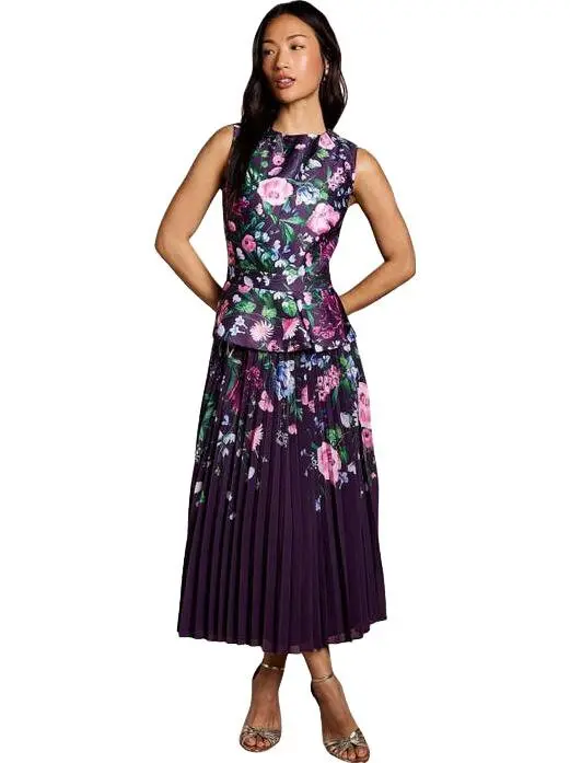 Coast Structured Print Pleated Midi Dress - Berry