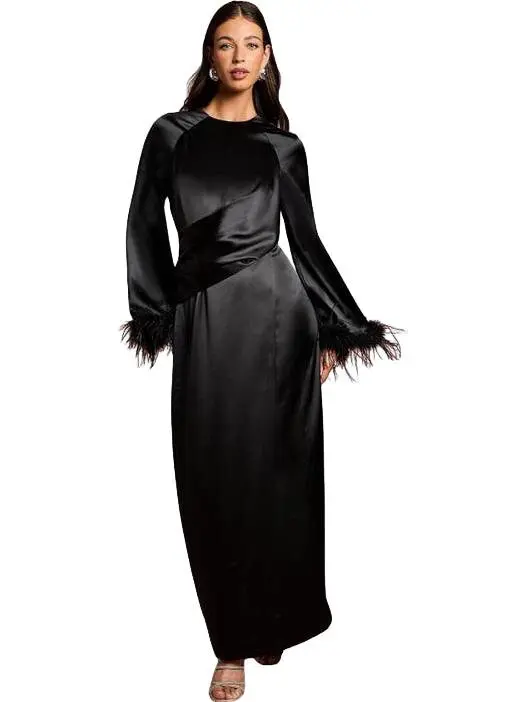 Coast Feather Trim Satin Maxi Dress - Black