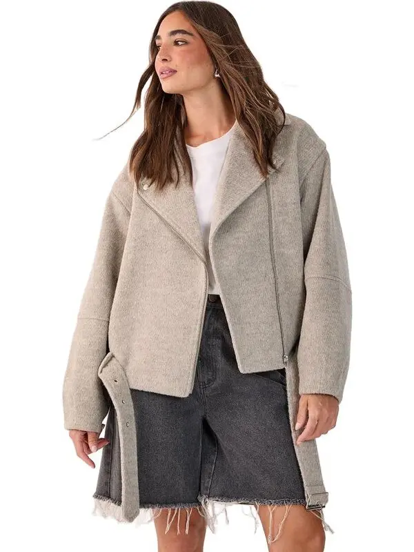 Nasty Gal Oversized Brushed Belted Biker Jacket - Mink