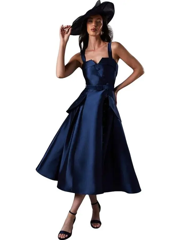 Coast Lisa Twill Volume Belted Midi Dress - Navy
