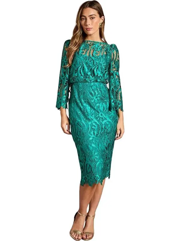 Coast Satin Lace Boat Neck Midi Dress - Emerald