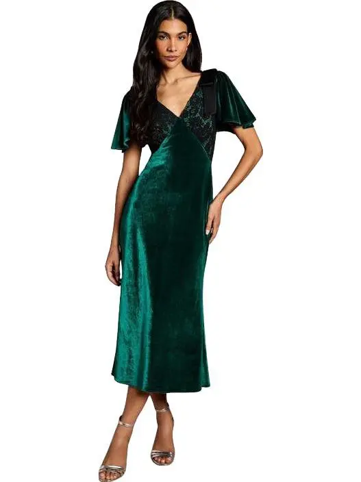 Coast Velvet Lace Mix Short Sleeve Midi Dress - Emerald