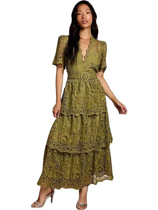 Coast Short Sleeve Tiered Lace Midi Dress - Olive