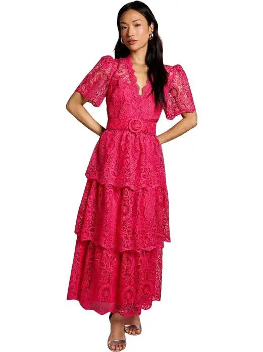 Coast Short Sleeve Tiered Lace Midi Dress - Raspberry
