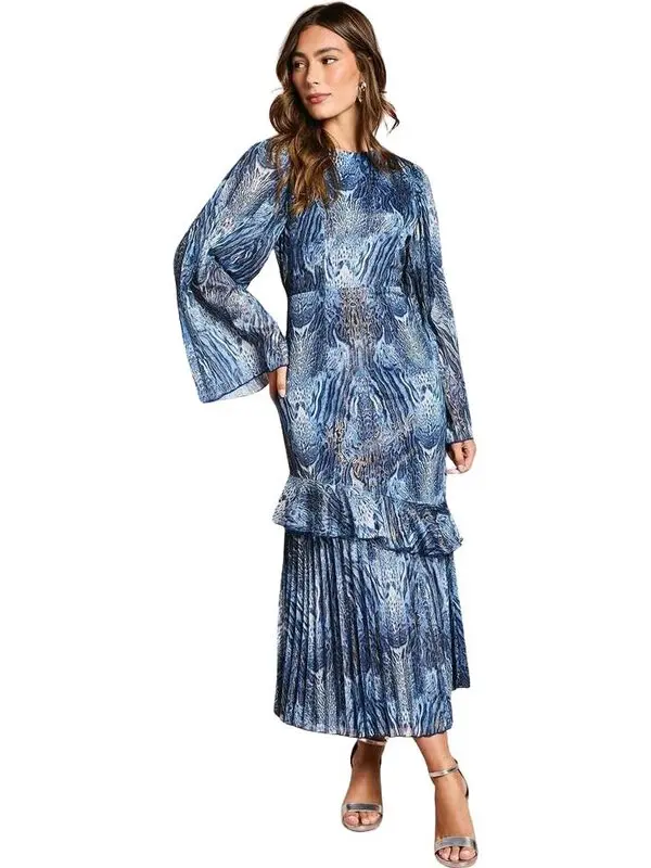 Coast Flared Sleeve Animal Print Midi Dress - Blue