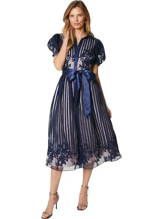 Coast Stripe Organza Puff Sleeve Shirt Dress - Navy