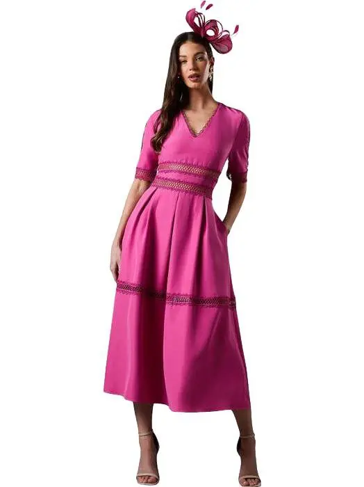 Coast Crochet Insert Crepe V Neck Midi Dress - Pink