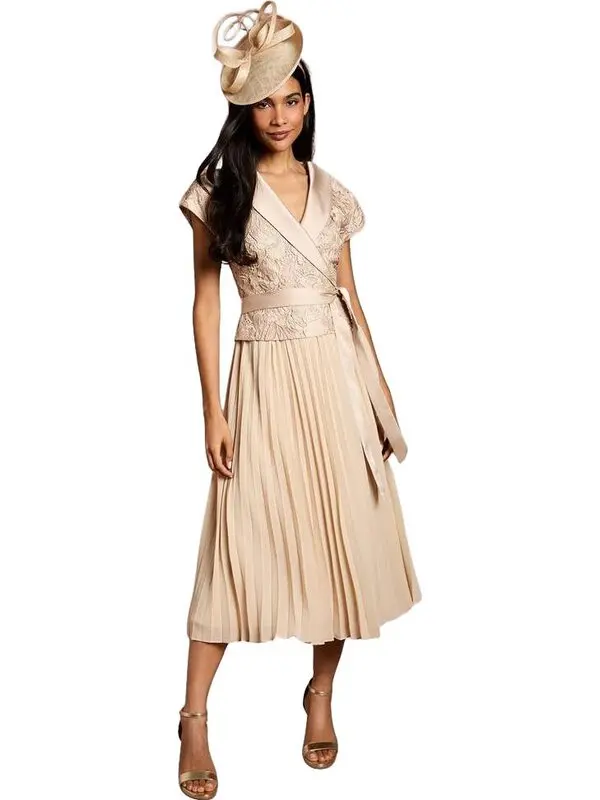 Coast Lace Wrap Top Pleat Tux Midi Dress - Champagne