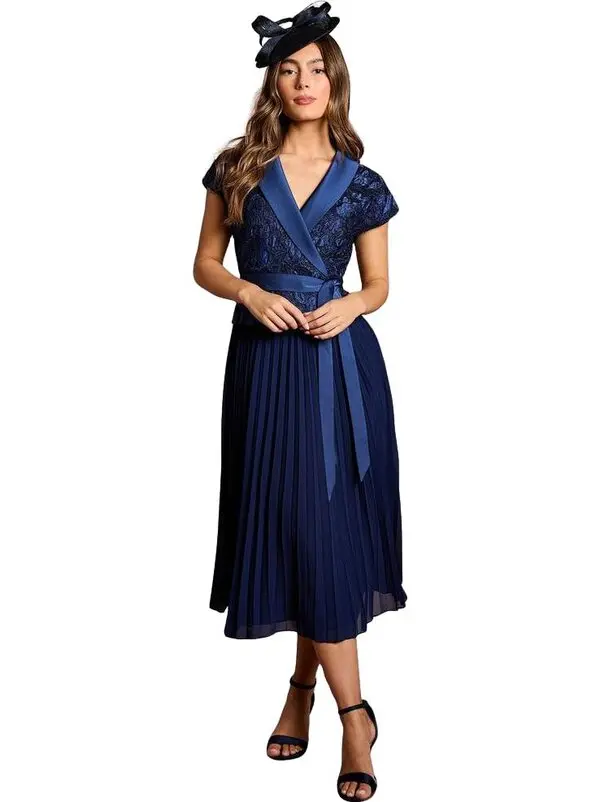 Coast Lace Wrap Top Pleat Tux Midi Dress - Navy