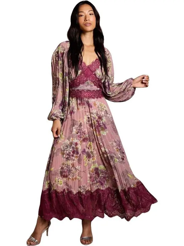Coast Floral Pleated Lace Trim Midi Dress - Pink