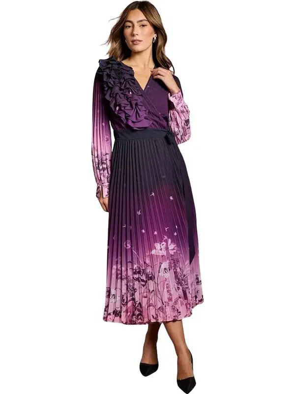Coast Floral Corsage Wrap Pleated Midi Dress - Mauve
