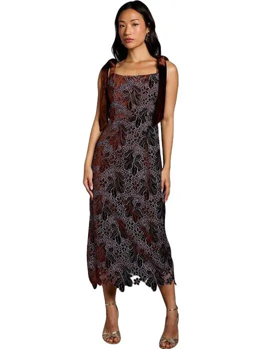 Coast Velvet Lace Tie Shoulder Midi Dress - Toffee