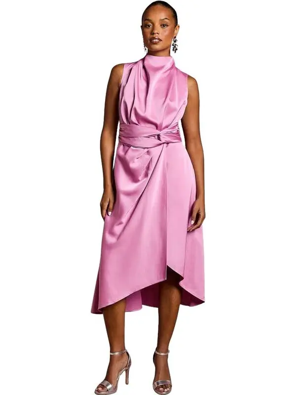 Coast Petite Satin Twist Waist Midi Dress - Pink