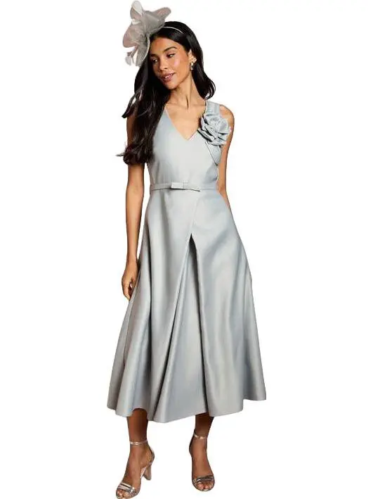 Coast Structured Satin 3d Corsage Midi Dress - Silver