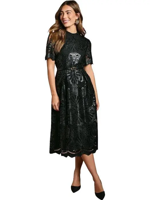 Coast Pu Lace Belted Midi Dress - Black