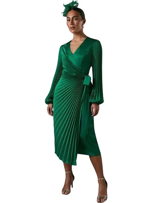 Coast Satin Pleated Wrap Dress - Green