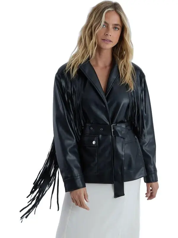 Nasty Gal Fringe Faux Leather Belted Jacket - Black