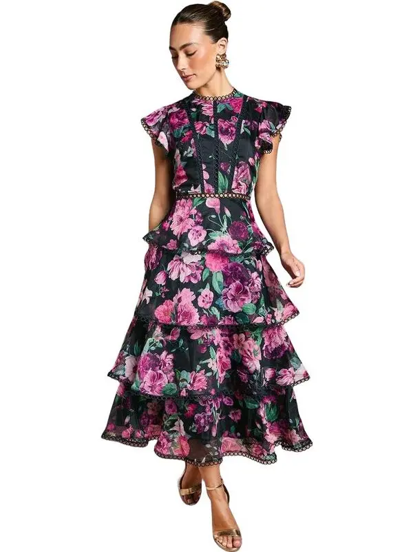 Coast Lace Trim Tiered Organza Midi Dress - Navy