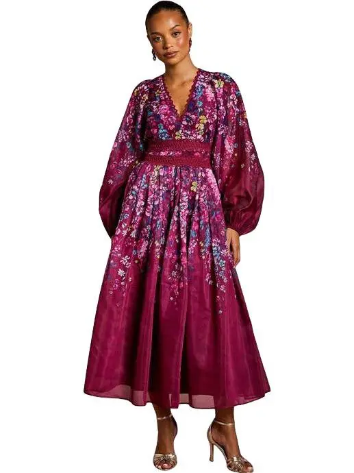 Coast Petite Organza Lace Trim Midi Dress - Plum