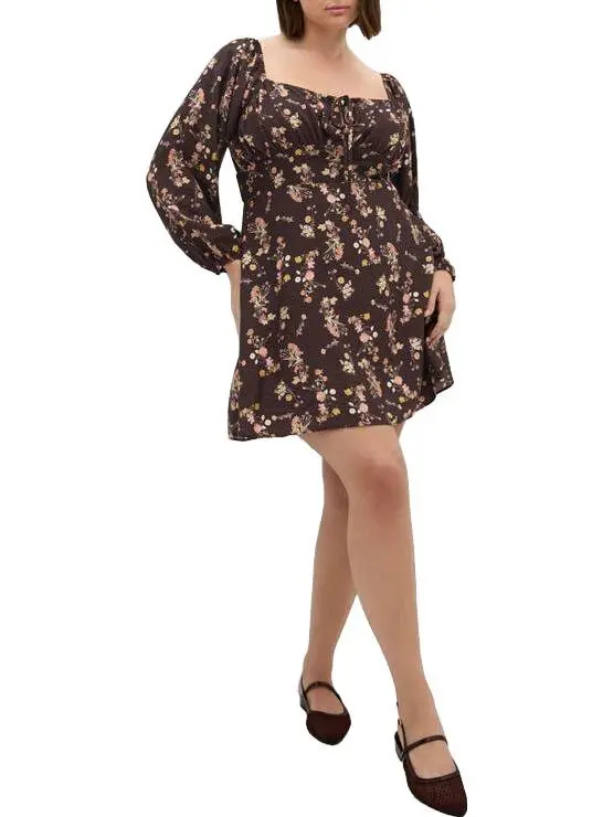 City Chic Floral Long Sleeve Mini Dress - Cocoa Bloom