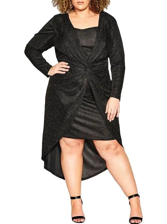 City Chic Metallic Long Sleeve High-low Maxi Dress - Black