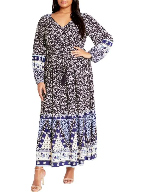 City Chic Faith Border Print Long Sleeve Maxi Dress - Brown Print