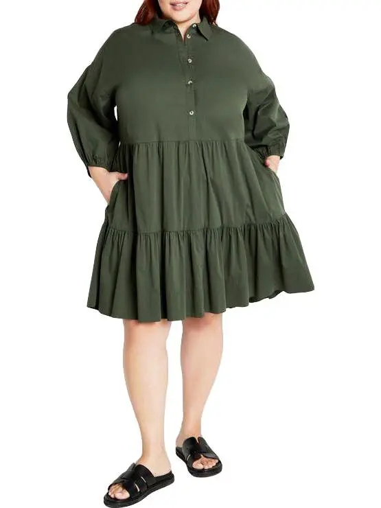 City Chic Kiara Balloon Sleeve Tiered Shirtdress - Khaki