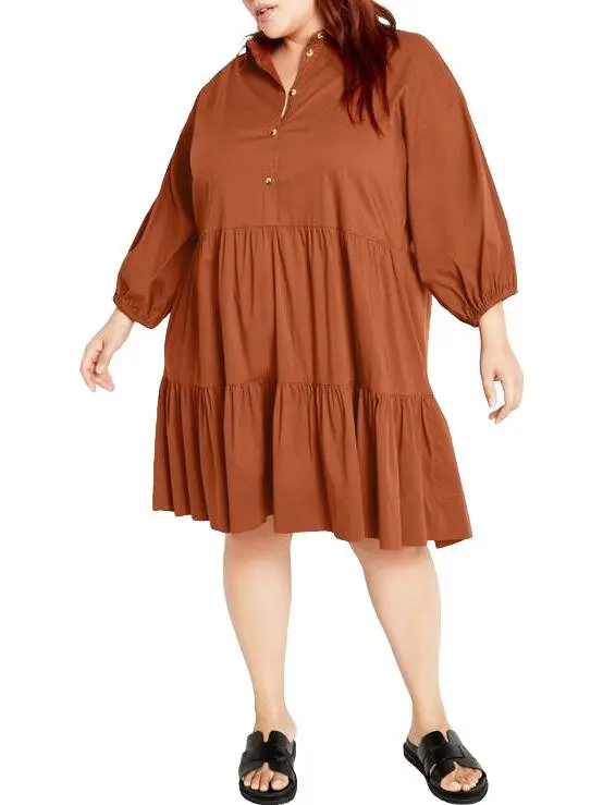 City Chic Kiara Balloon Sleeve Tiered Shirtdress - Toffee