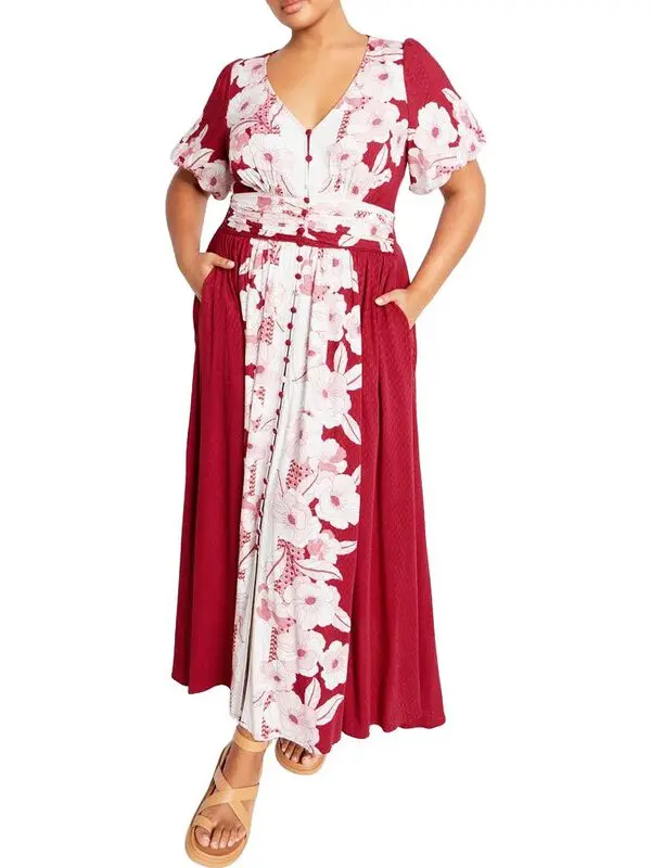 City Chic Sybelle Floral Shirred Waist Maxi Dress - Red