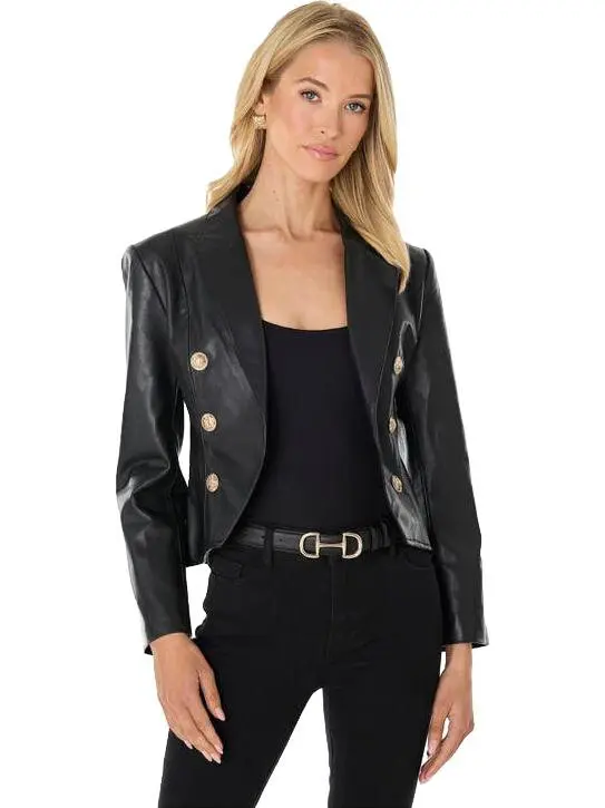 THE NOLI SHOP Gabrielle Leather Double Breasted Blazer - Black Leather