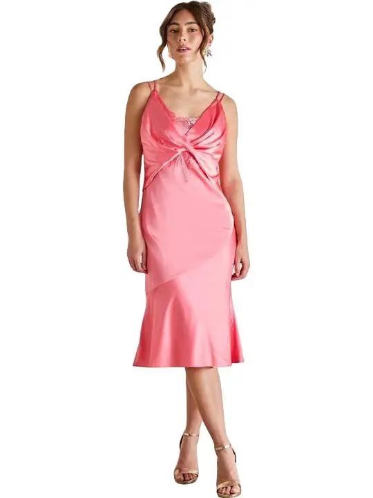 Coast Lace Insert Satin Midi Dress - Peach