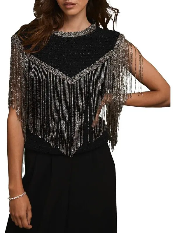 Mint Velvet Embellished Fringe Detail Top - Black
