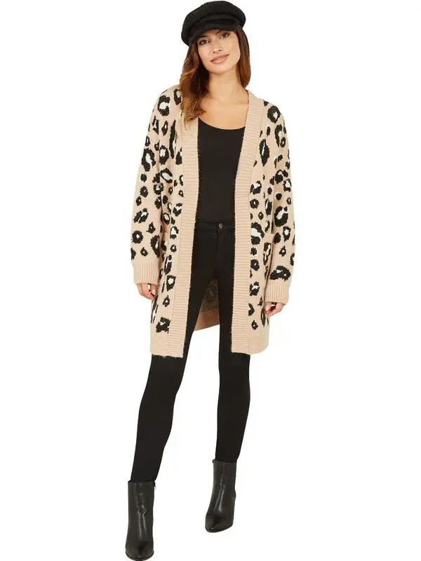 YUMI Animal Intarsia Knit Long Cardigan - Beige
