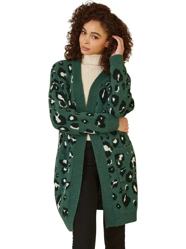 YUMI Animal Intarsia Knit Long Cardigan - Green