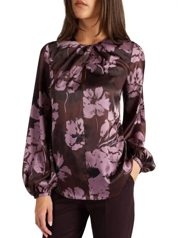 Santorelli Elena Long Sleeve Twist Neck Blouse In Floral Twill Crepe - Raisin