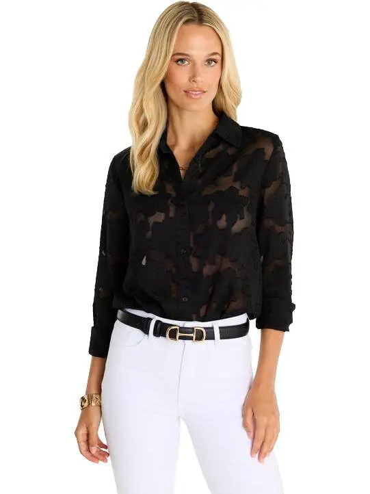 THE NOLI SHOP Sheer Floral Lace Button-up Blouse - Black