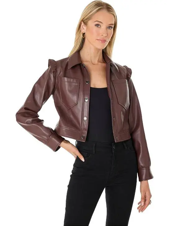 THE NOLI SHOP Chantal Ruffle Sleeve Leather Jacket - Espresso