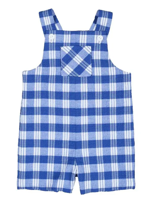 FLORENCE EISEMAN Plaid Seersucker Shortall With Front Pocket - Blue/white