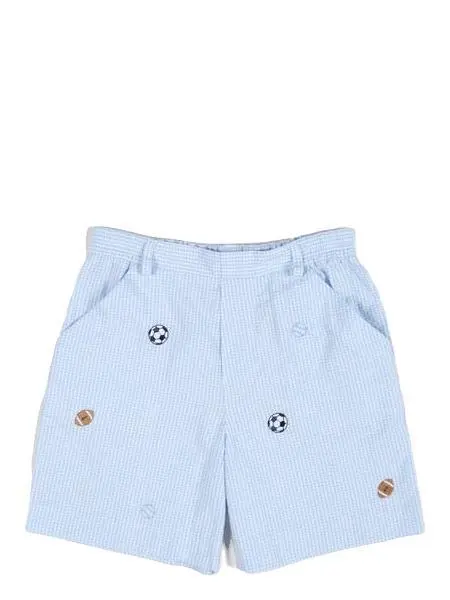 FLORENCE EISEMAN Seersucker Shorts With Embroidered Sport Balls - Light Blue