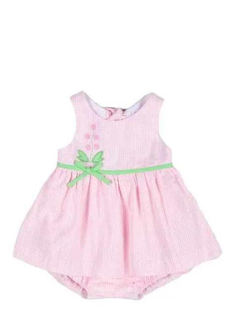 FLORENCE EISEMAN Check Seersucker Skirted Romper With Floral Appliqués And Bow Detail - Pink/white