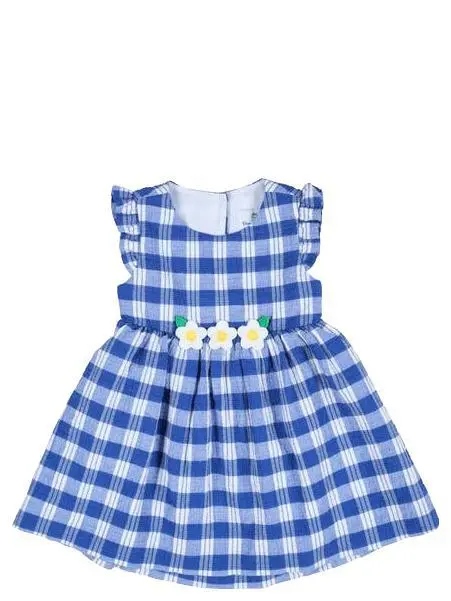 FLORENCE EISEMAN Plaid Seersucker Dress With Appliqué Flowers - Blue/white