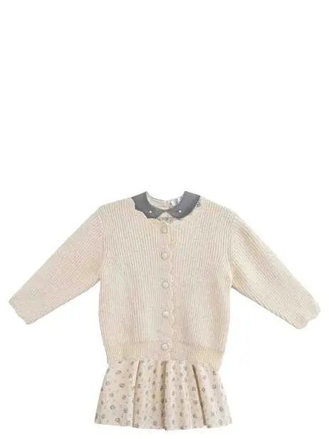 SWEET CACTUS Floral Dress Set With Scalloped Knit Sweater - Beige
