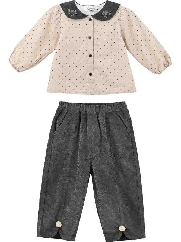 SWEET CACTUS Polka Dot Blouse And Pleated Pants Set - Beige