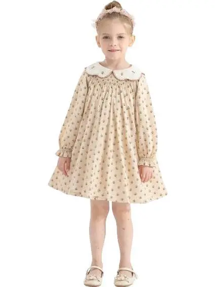 SWEET CACTUS Floral Smocked Dress - Beige