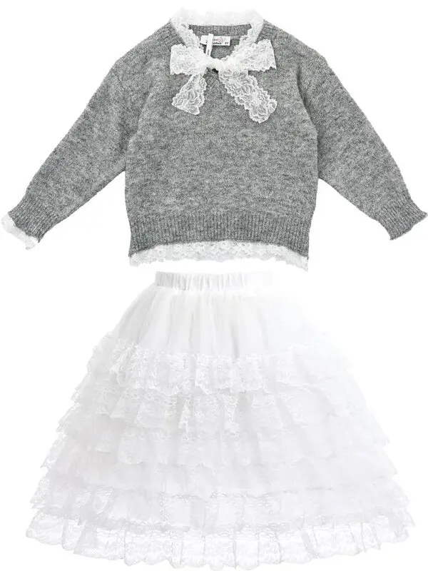 SWEET CACTUS Lace Bow Top With Tiered Skirt - Grey