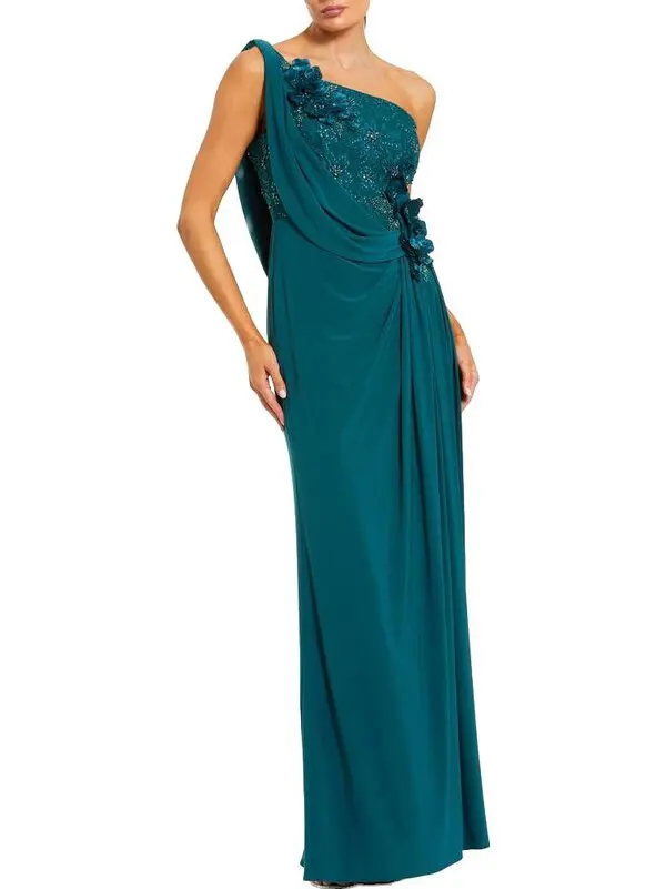 Mac Duggal Jersey One-shoulder Cowl Gown With 3d Flowers - Ocean