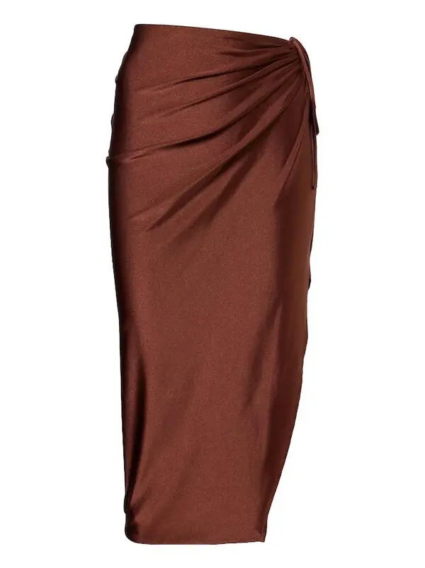 ADRIANA DEGREAS Solid Ruched Gathered Midi Skirt - Brown