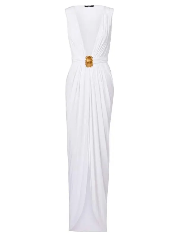 Balmain Embellished Jersey Maxi Dress - White