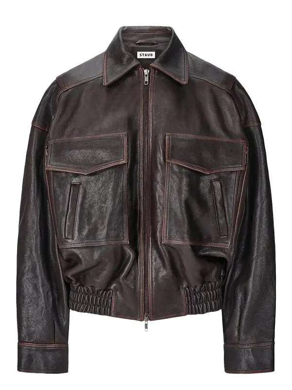 Staud Eugene Leather Bomber Jacket - Distressed
