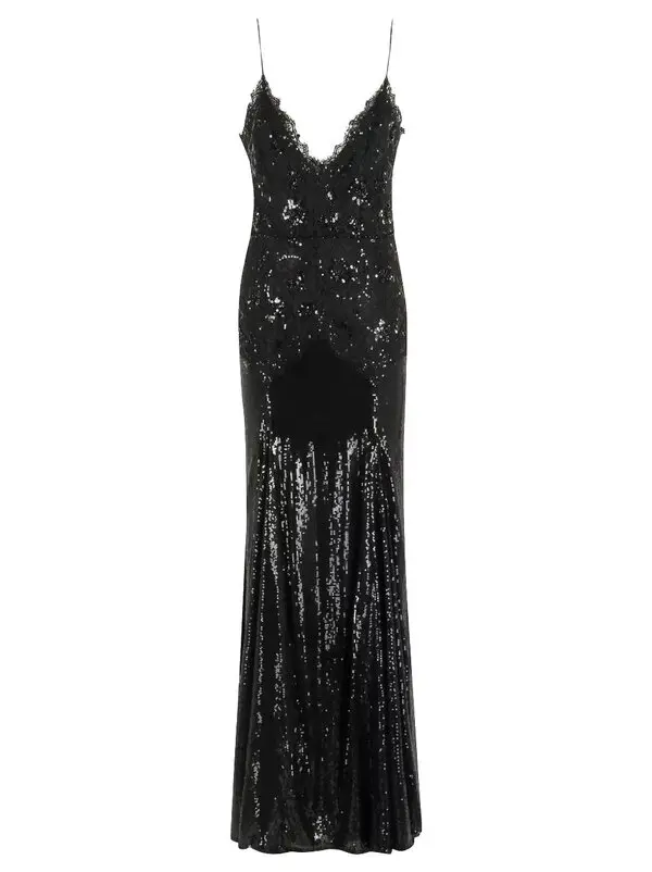 NISSA Sequin Embellished Lace Maxi Dress - Black